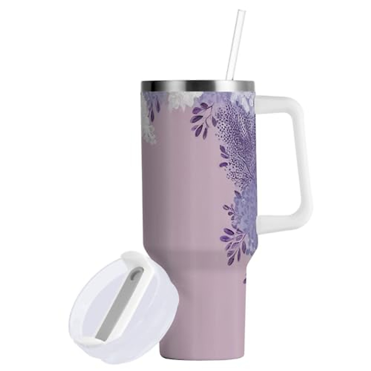 PaChyLuu 40 oz Insulated Tumbler with Handle and Straw Lid, Lilac Flowers Leak-Proof Stainless Steel Travel Coffee Mug for Car Cup Holder