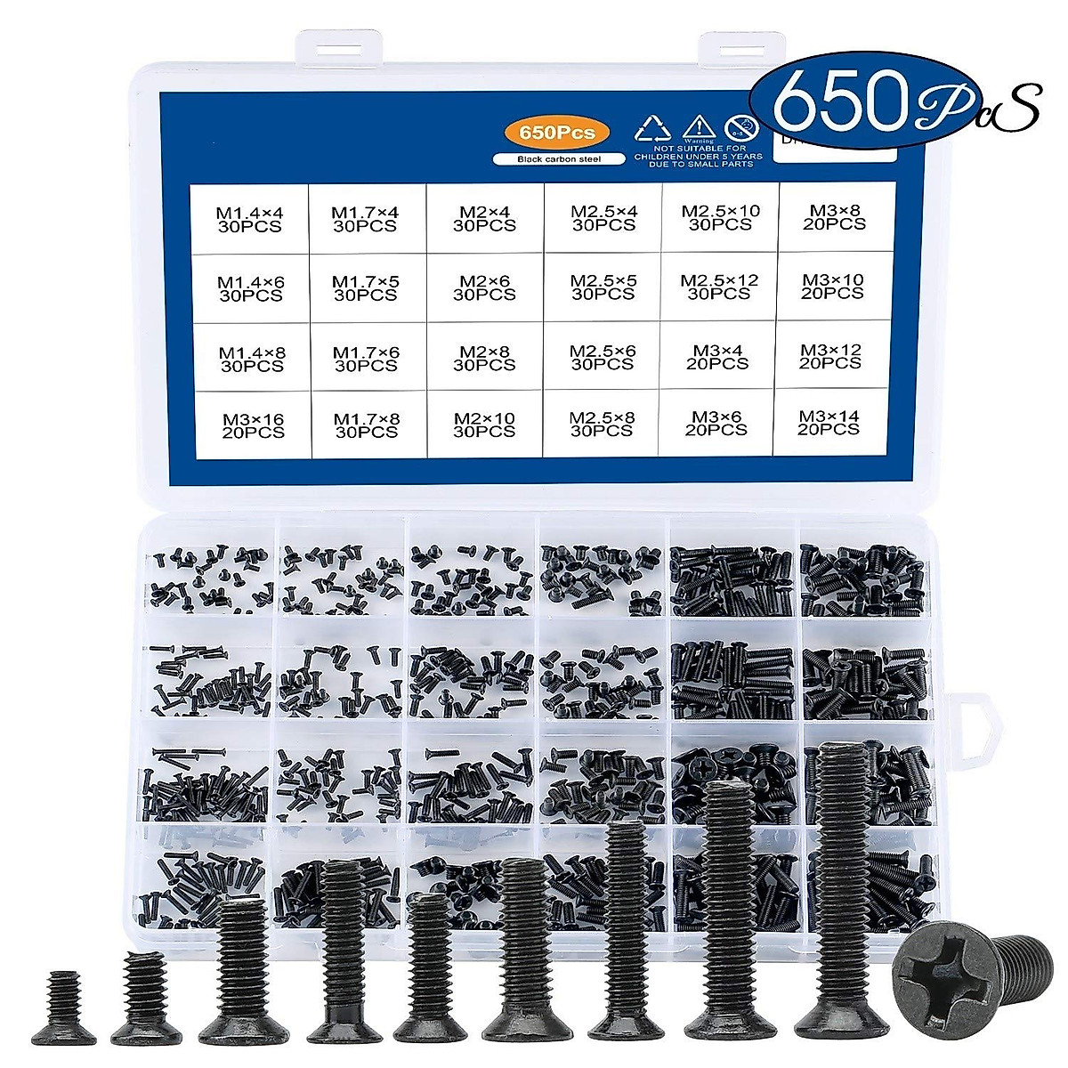 TONGCHAO Tchaosc 650pcs Countersunk Flat Head Cross Mini Screw Set M2 M2.5 M3 Carbon Steel Computer Notebook Laptop Screws Kit for Hp for Lenovo