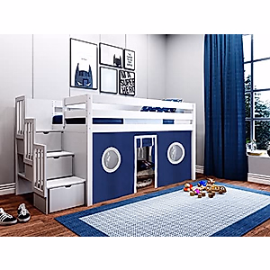 JACKPOT! Contemporary Low Loft Bed with Stairway, Twin, White with Blue & White Tent