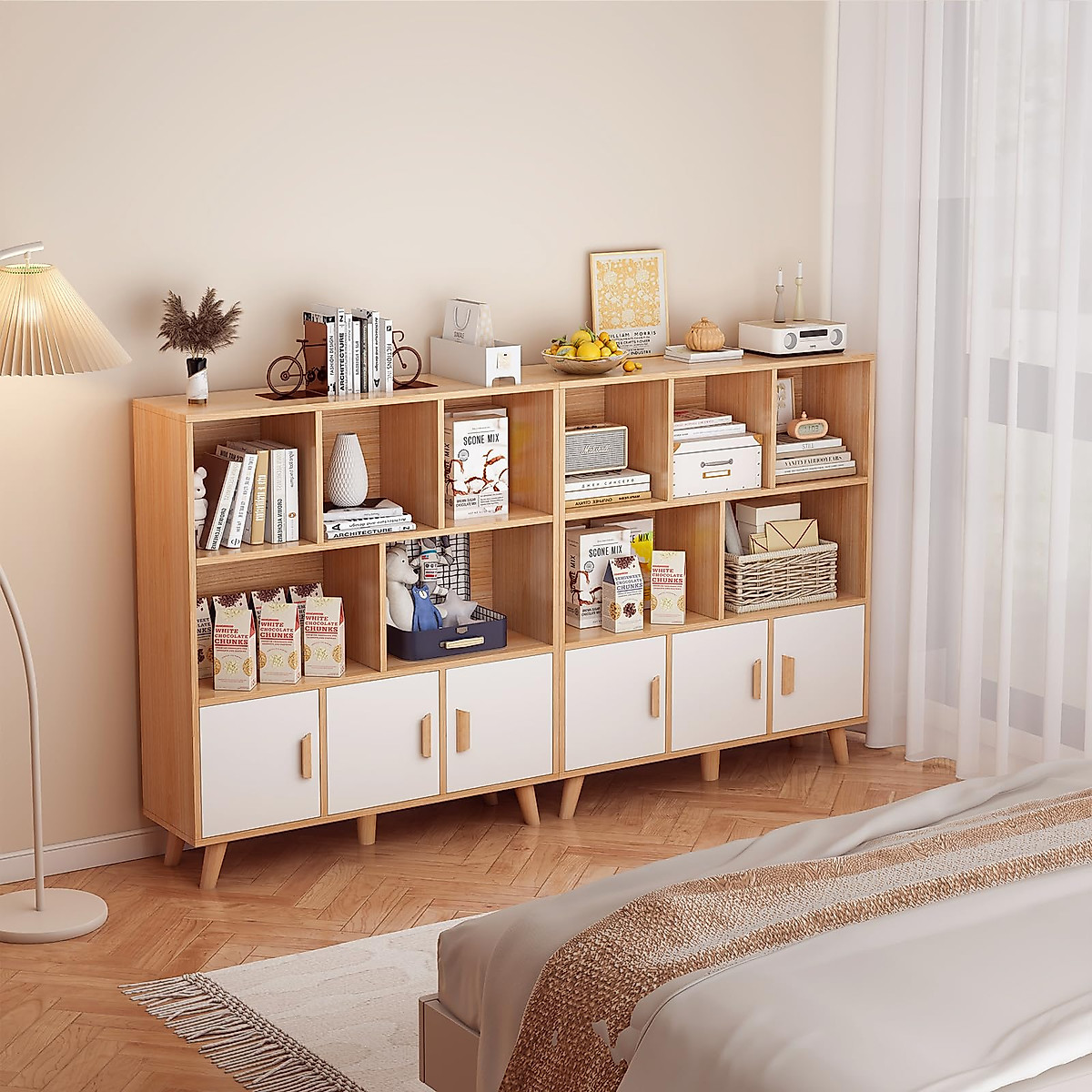 OSCHF Cubby Shelf Bookcase with Doors - Wooden 8 Cube Floor Standing Open Bookshelf with Solid Wood Legs, 3-Tier Storage Cabinet, Oak and Warm White