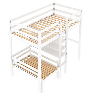 CJLMN Twin Loft Bed with L-Shape Desk, Solid Wood Bed with Storage Shelves, Ladders and Desk for Kids/Teens, Space-Saving Design…