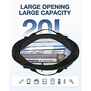 BAGSMART Women Foldable Tote Bag with Drawstring Storage Bag, Large Tote Bag Shoulder Bag Top Handle Handbag for Travel, Work, Beach, Gym, Shop, (Black)