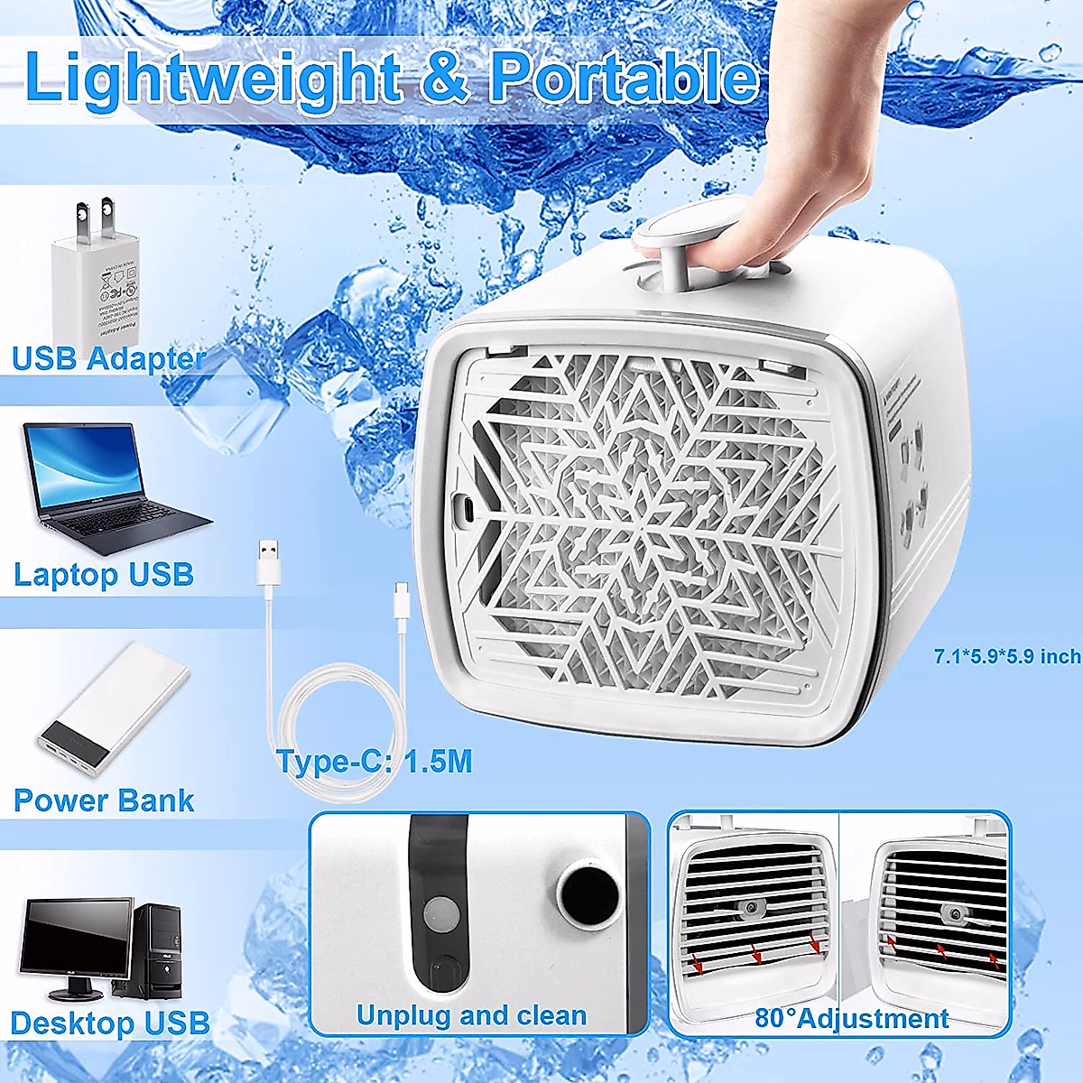 Portable Air Conditioner, Personal Mini Air Cooler Fan, Personal Portable AC Air Conditioner for Office Desk Camping Bedroom Room, Small Air Conditioner with 7 LED Lights, 3 Speeds, 80°Adjustment