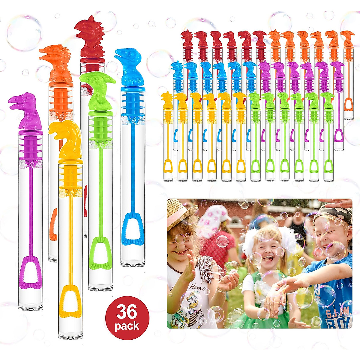 ABSOFINE 36 Pack Mini Dinosaur Bubble Wands, Kids Party Favors Bubble Wand for Birthday Wedding Christmas Themed School Classroom Prizes for Boys & Girls (Dinosaur)