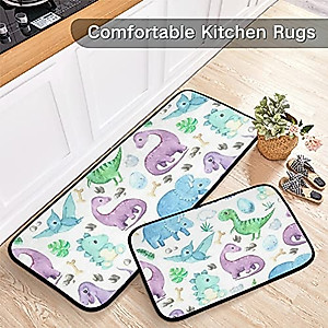 Emelivor Little Dinosaurs Kitchen Rugs and Mats Set 2 Piece Non Slip Washable Runner Rug Set of 2 for Kitchen Floor Home Decorative Laundry