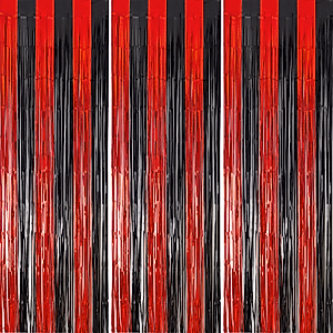 Merear Backdrop for Party Decorations, 3 Pack Black and Red Foil Fringe Curtains Party Decor 8.2 * 3.3 FT Tinsel Streamers Birthday Party Decorations Photo Fringe Backdrop for Party, Graduation