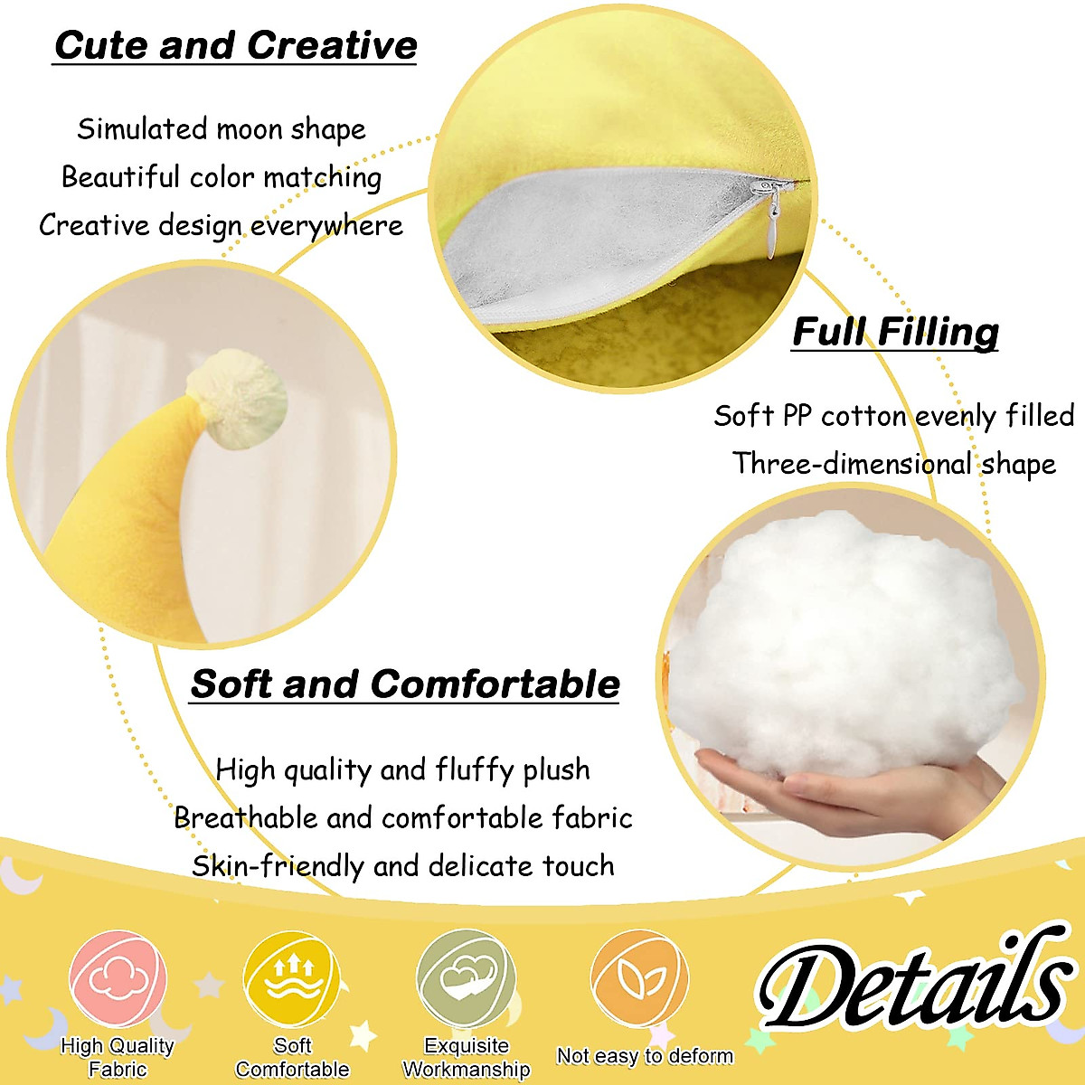 zhidiloveyou Moon Pillow Plush Yellow Moon Shaped Pillow Cute Stuffed Toy for Kids 15.7"×7.8"