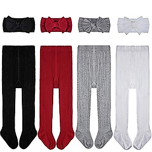 3 Pairs Baby Girls Tights Cable Knit Leggings Stockings and Bow Headbands (Black, White, Grey, Red, 0-12 Months)