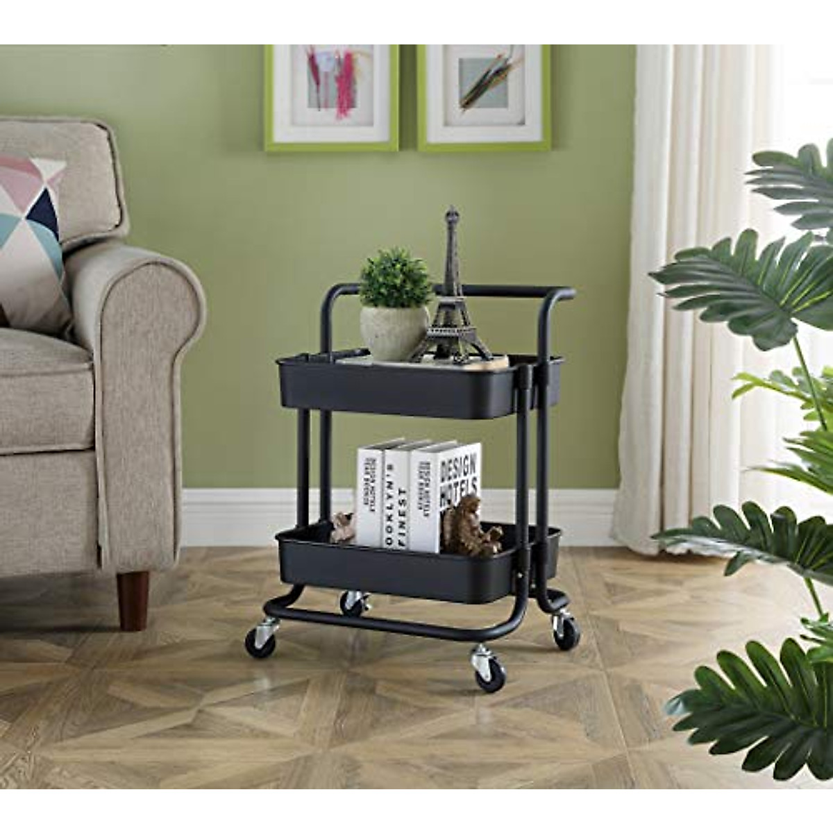 Poplarbox 3-Tier Rolling Utility Cart Metal Mesh Storage Shelves with Handles (Black)