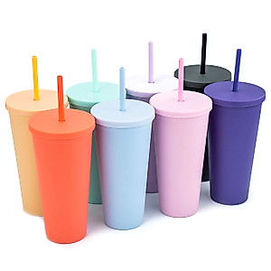 STRATA CUPS Classic Multicolor Tumblers with Lids and Straws (8 pack) - 22oz Matte Pastel Colored Acrylic Tumblers with Lids and Straws, Double Wall Tumbler Bulk, Reusable Cup with Straw Cleaner