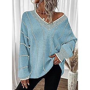 Dokotoo Womens Winter Sweaters 2023 Striped Long Jumper Tops Fashion Color Block V Neck Oversized Sweaters for Women Sky Blue Small