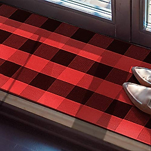 Buffalo Plaid Area Rug, 23.6 x 51.2 inch Kitchen Rug Cotton Outdoor Mat for Porch Bathroom Carpet Living Room Indoor Doormat, Black and Red