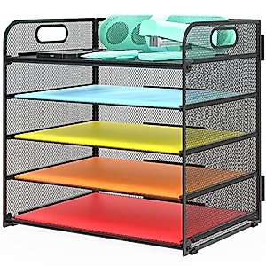 Sinboun Letter Tray Paper Organizer 5-Tier Mesh Desk File Organizer Paper Sorter Holder with Handle, Metal Desktop Document Shelf Tray for Letter/A4 Office Organization - Black