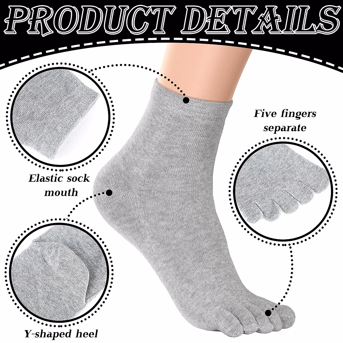 Bencailor 6 Pairs Women Five Toe Socks Cotton Breathable Compression Solid Color Tube Sock for Women Men Athletic Running(5-9,Black, White, Gray, Khaki, Purple, Pink)