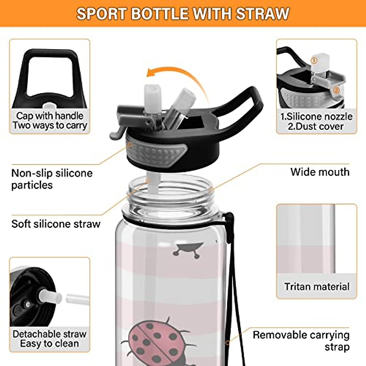 xigua Ladybug Water Bottle with Straw Lid,32 oz Leakproof Sport Water Bottle with Wide Handle for Gym,Cycling,School,Travel