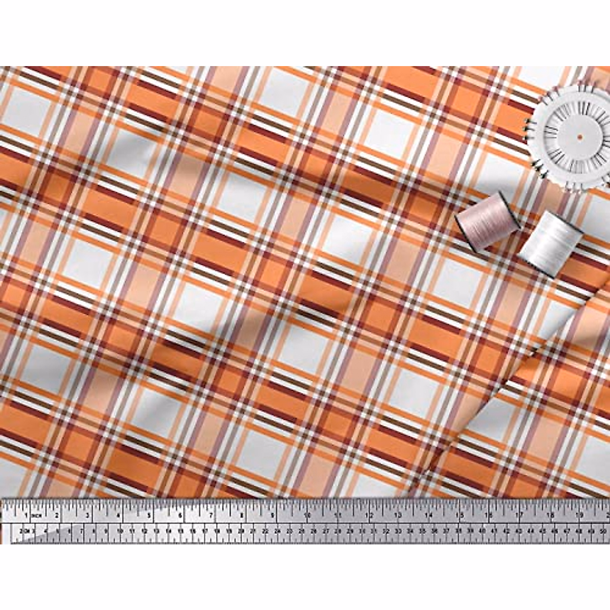 Soimoi Orange Cotton Canvas Fabric Gingham Check Print Fabric by The Yard 56 Inch Wide