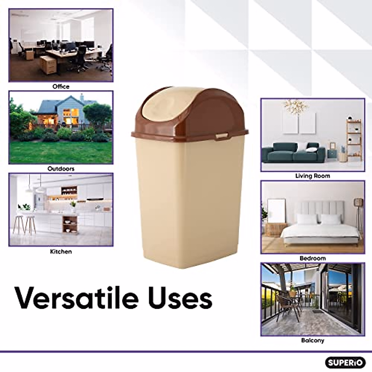 Superio Swing Top Trash Can, Waste Bin for Home, Kitchen, Office, Bedroom, Bathroom, Ideal for Large or Small Spaces - Beige (3 Pack - 4.5 Gal, 13 Gal)