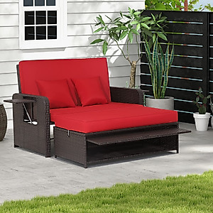 Tangkula Patio Rattan Daybed, Patiojoy Wicker Loveseat Sofa w/Multipurpose Ottoman & Retractable Side Tray, 4-Level Adjustable Backrest, Footstool w/Storage, Seat & Back Cushion Included