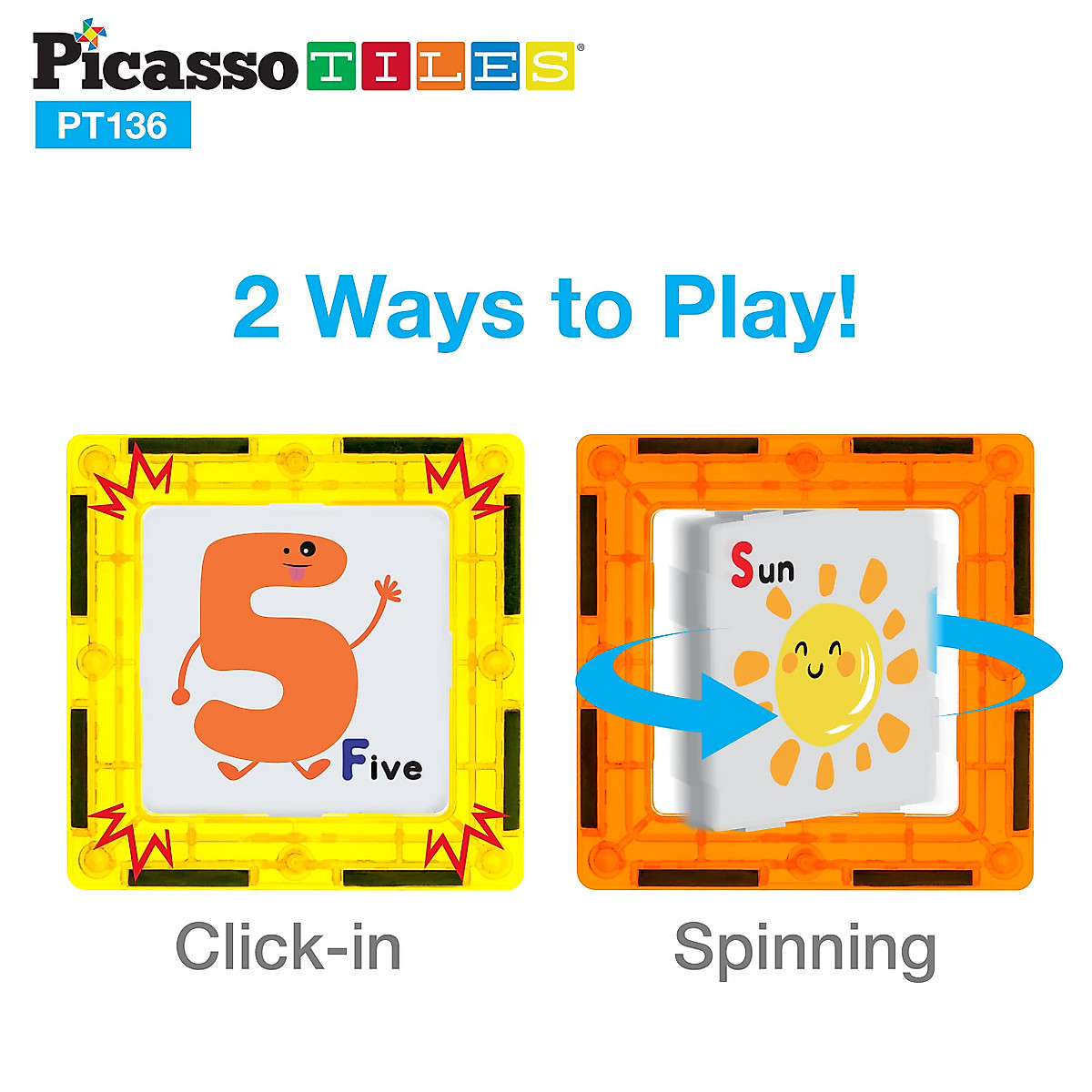 PicassoTiles 136 Piece S.T.E.A.M. Building Block Set with 66 Magnetized Clip-in Insert Cards Toy Construction Kit PT136 Magnet Building Tiles Clear Color Magnetic 3D Educational Blocks Click-in Card