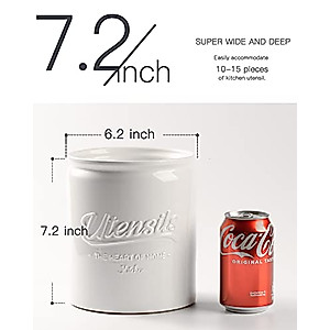 Getstar Utensil Holder for Kitchen Counter (7.2” x 6.2”) , Large Kitchen Utensil Holder with Protective & Non-Slip Cork Mat, Ceramic Cooking Utensil Holder (White)