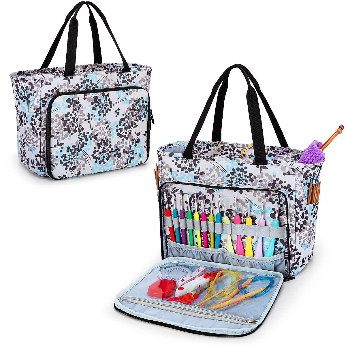 CURMIO Knitting Tote Bag, Yarn Storage Bag with Pockets for Crochet Hooks, Knitting Needles, Knitting Project and Accessories, Dandelion (Bag Only, Patented Design)