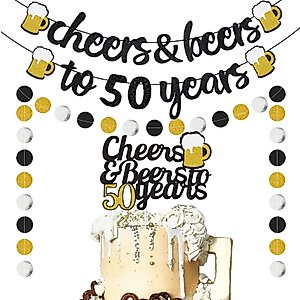 50th Birthday Decorations, 50 Years Anniversary Decorations for Men Women, Cheers to 50 Years Banner with 50 Years Old Cake Topper, Black Gold Glittery Circle Dots Garland for 50 Birthday Wedding