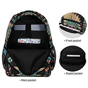 SUABO Skull with Indian Feather Hat Bookbag for Students Teens Girls Boys,Ethnic Backpack Schoolbag Rucksack Travel Bag Laptop Backpacks for Elementary Kindergarten College