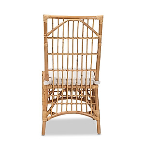 Baxton Studio Rose Dining Chair Dining Chair White Fabric Upholstered and Natural Brown Rattan Dining Chair
