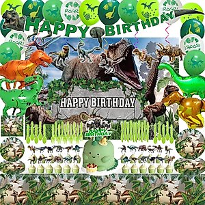 Dinosaur Birthday Party Supplies Decorations Include Backdrop, Tablecloth, Birthday Banners, Cake Decoration, Cupcake Toppers, Latex Balloons, Hanging Swirls, Tableware Set, Aluminum foil Balloon