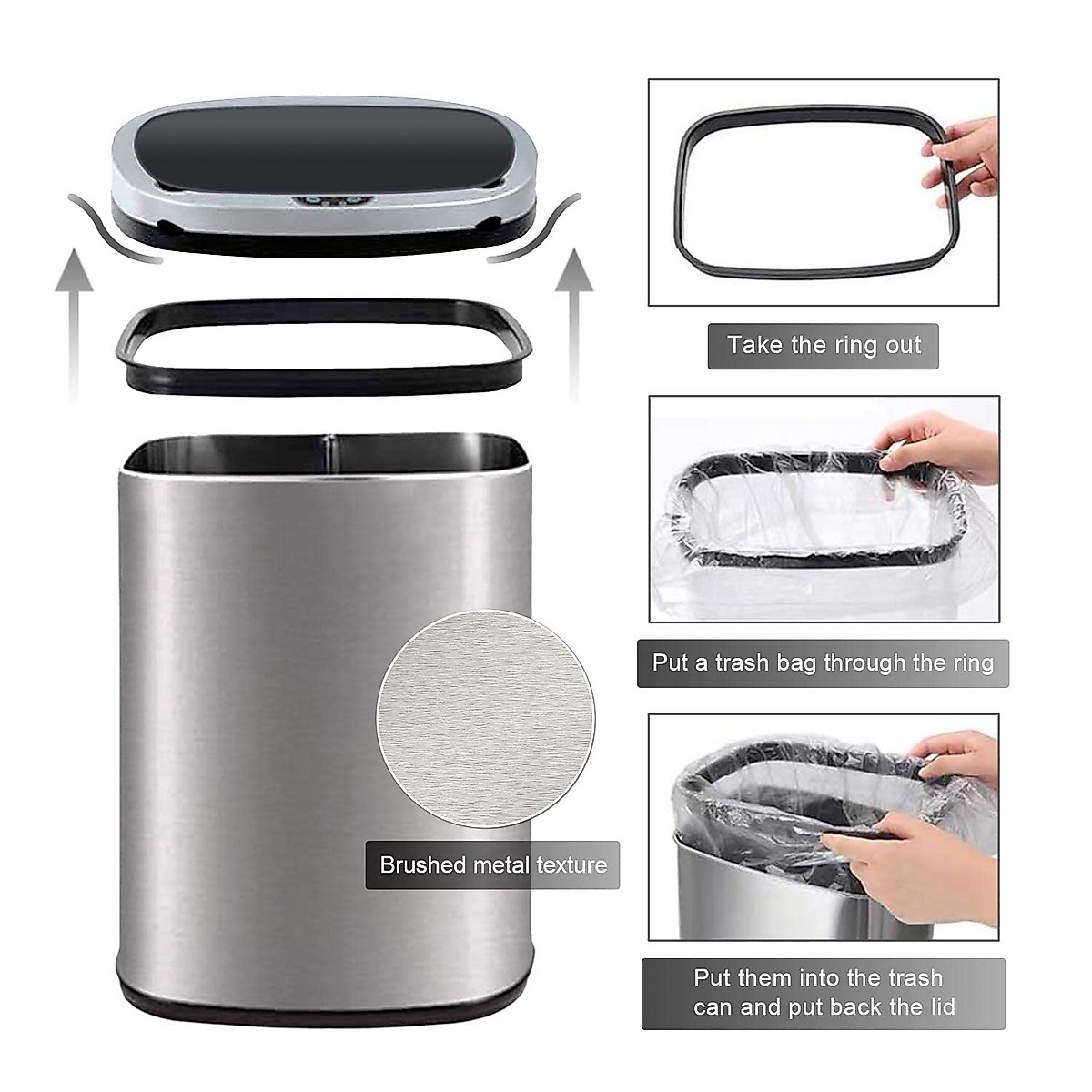 13 Gallon Trash Can Kitchen, Automatic Garbage Can Touchless Motion Sensor, Stainless Steel Trash Can with lid Anti-Fingerprint Mute Designed, Waste Bin 50L, for Office Bedroom Living Room Trash Can