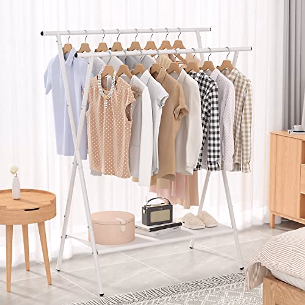 Laiensia Double Rods Clothing Racks, Portable Clothing Hanging Garment Rack with Bottom Oxford Cloth Shelves, White