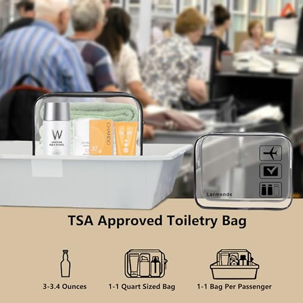 Lermende 3pcs TSA Approved Toiletry Bag with Zipper Travel Luggage Pouch Carry On Clear Airport Airline Compliant Bag Travel Cosmetic Makeup Bags for Men Women (Black)