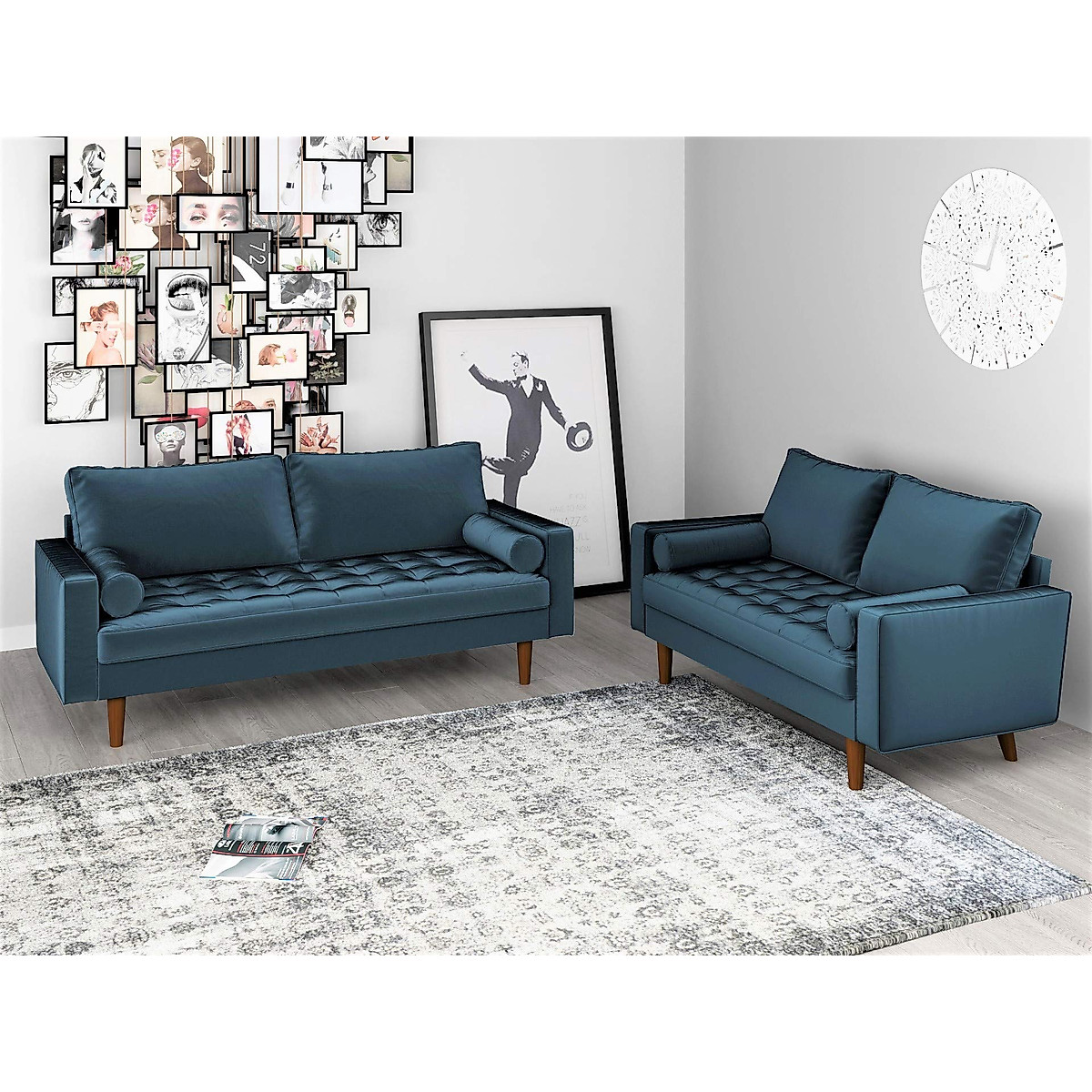 Container Furniture Direct S5456 Mid Century Modern Velvet Upholstered Tufted Living Room Sofa, 69.68", Prussian Blue