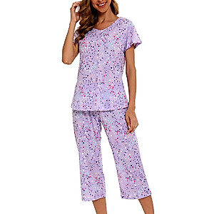 ENJOYNIGHT Women's Pajama Sets Cotton Sleepwear Tops with Capri Pants Summer Pjs (PU, X-Large)