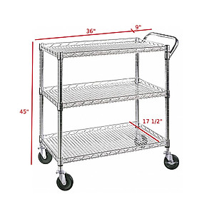 Heavy Duty 3 Tier Rolling Utility Cart Kitchen Cart on Wheels Metal Serving Cart Commercial Grade with Wire Shelving and Handle Bar for Kitchen Office Hardware