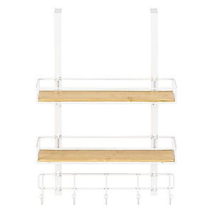 Navaris Over The Door Organizer - Metal and Bamboo Hanging Storage Rack with 2 Shelves and 5 Hooks - Shelf Hanger for Pantry, Bathroom, Closet - White