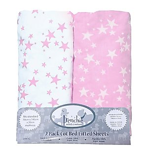 Frenchie Mini Couture Fitted Crib Sheets 100% Woven Cotton Fits Toddler Mattress, Pink Stars, 70 x 140 x 20cm, 2-Pack