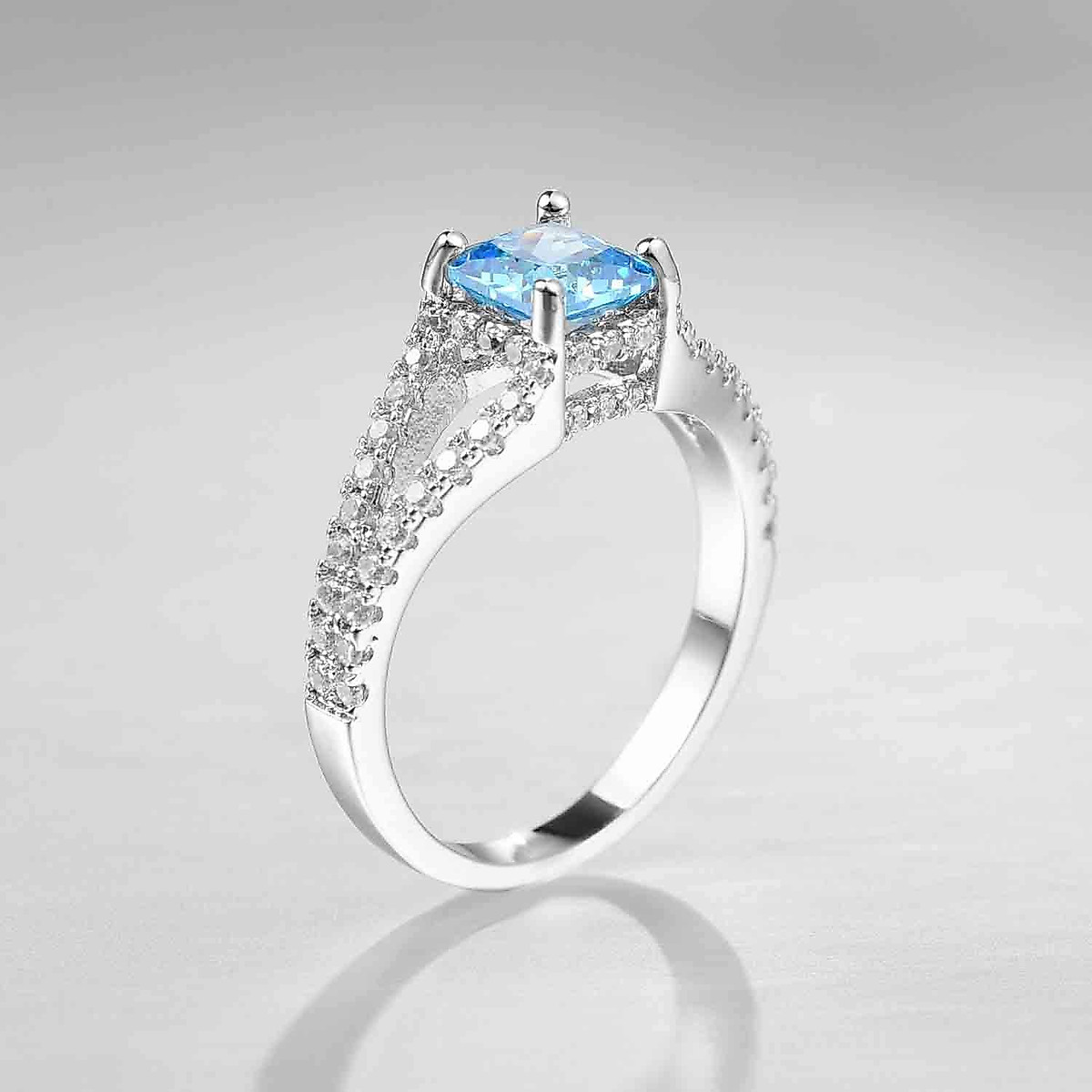Empsoul 925 Sterling Silver Wedding Ring Princess Cut 6.5x6.5mm Blue Topaz Wedding Engagement Promise Ring Size 6