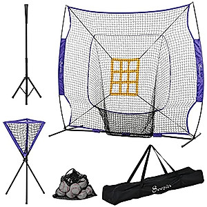Soozier Baseball Practice Net Set with 7.5x7ft Catcher Net, Ball Caddy and Batting Tee, Portable Baseball Practice Equipment with Carry Bag for Hitting, Pitching, Batting, Catching, Purple