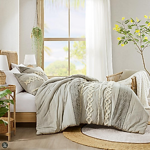 Hyde Lane Boho Gray Comforter Set King, Farmhouse Bedding Sets, Cotton Top with Modern Neutral Style Clipped Jacquard Stripes, 3-Pieces Including Matching Pillow Shams (104x90 Inches)