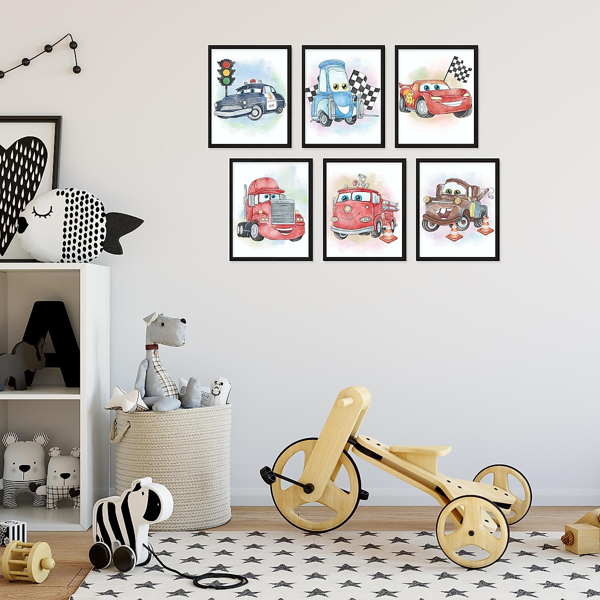 BigWig Prints Cars Poster Set - Cars Room Decor for Boys And Girls, Lightning Mcqueen Room Decor, Wall Art for Kids Bedroom, Sheriff Guido Lightning McQueen Mack Red Mater - 9 Pack (8x10”) Unframed