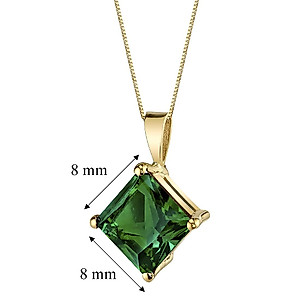 PEORA 14K Yellow Gold Created Emerald Pendant for Women, Classic Solitaire, 2.25 Carats Princess Cut 8mm AAA Grade