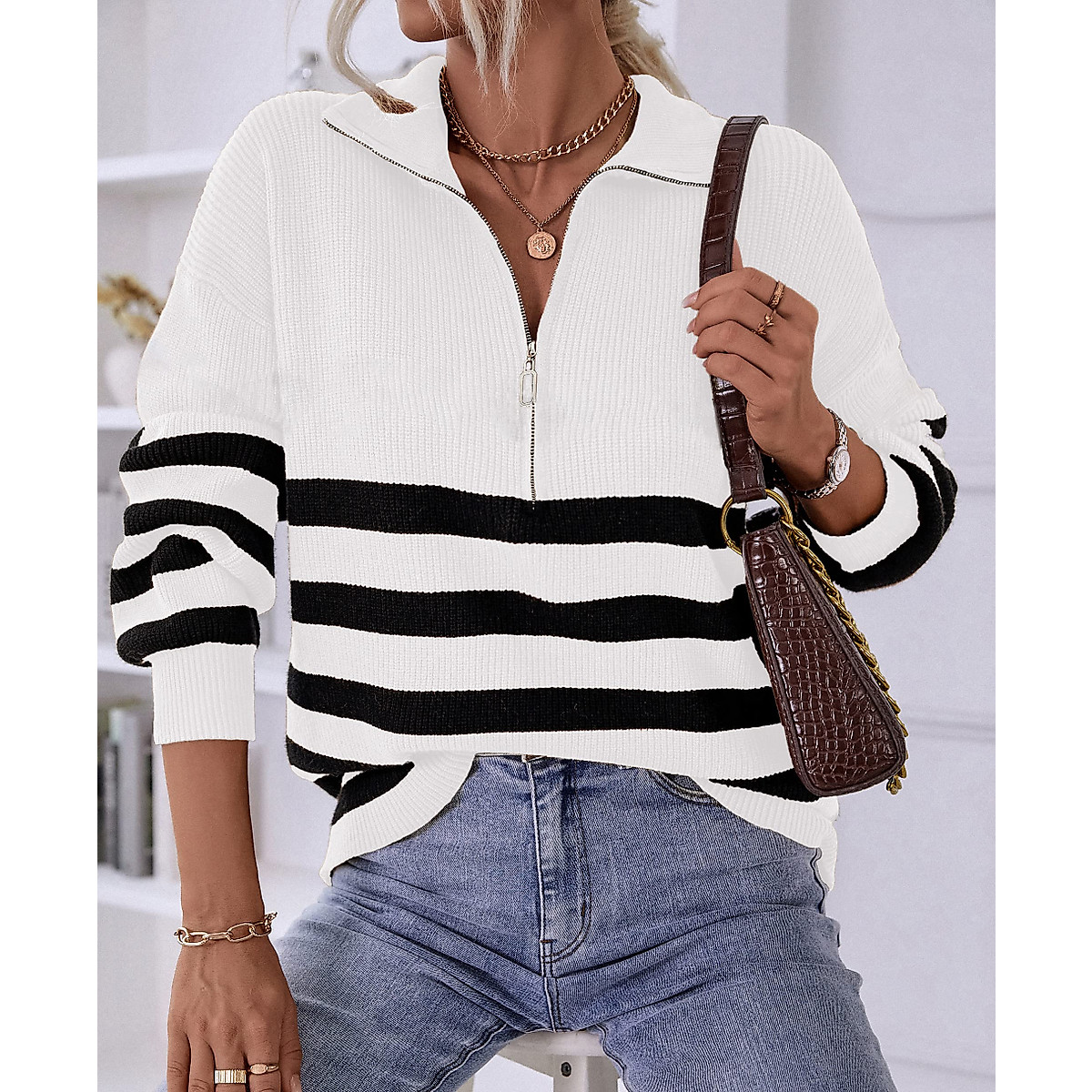 BTFBM Women 2025 Casual Long Sleeve Zip Striped Pullover Sweaters V Neck Collar Ribbed Knit Fall Winter Slouchy Jumpers(Striped White, Small)