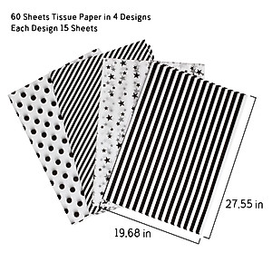 MR FIVE 60 Sheets White and Black Tissue Paper Bulk,20" X 28",4 Styles Tissue Paper for Gift Wrapping,Gift Tissue Paper for Gift Bags,Crafts,Birthday,Star Stripes Polka Dots Pattern Tissue Paper