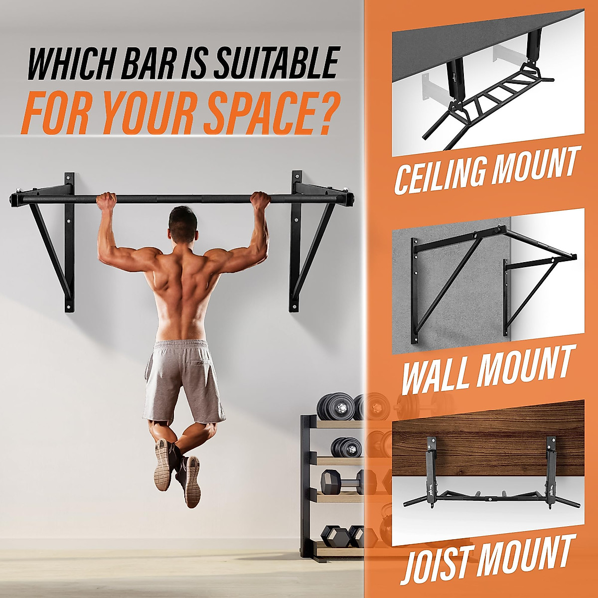 Yes4All Heavy Duty Wall Mounted Pull Up Bar – Multi-Grip Pull Ups / Pull Up Bar Ceiling Mount / Joist Mount for Home Gym