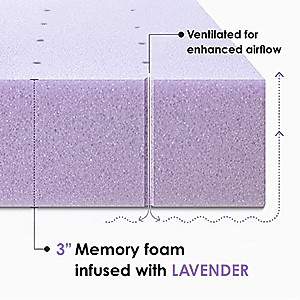 Mellow 3 Inch Ventilated Memory Foam Mattress Topper, Soothing Lavender Infusion, Queen