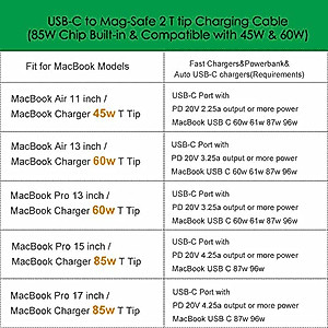 USB C to Magnetic 2 T Tip Adapter Charging Cable for MacBook Air Pro Charger 85w, USB-C to Magnetic T-Head 5 Pin Charge Cord for MacBook 11inch 13inch After 2012, Fit for 60w 45w