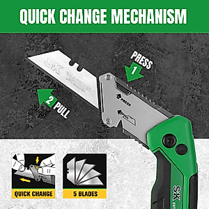 SK Folding Utility Knife with Additional Wire Cutter, Quick Change Box Cutter, Blade Storage in Handle, Extra 4 SK2M Blades Included