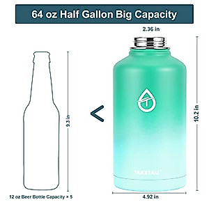 TAKETAU Insulated Sports Water Bottle with Straw Cap & Spout Lid, 2 lids Stainless Steel 64 oz Half Gallon Double Wall Growler Vacuum Flask Wide Mouth Large Thermos, Keep Drinks Cold or Hot (64 Jade)
