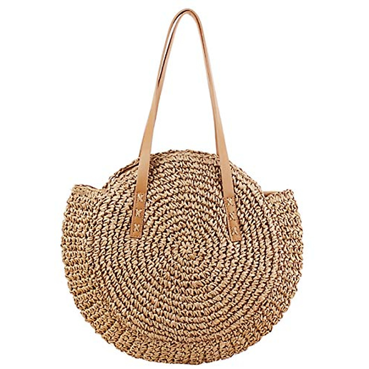 Straw Handbags Women Handwoven Round Corn Straw Bags Natural Chic Hand Large Summer Beach Tote Woven Handle Shoulder Bag (Khaki)